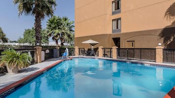 Piscina externa, funciona das 7h às 23h, guarda-sóis, espreguiçadeiras