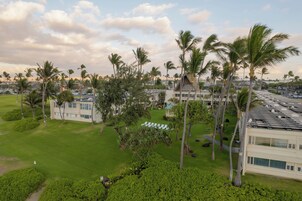 Resort com vários edifícios, palmeiras e um gramado bem cuidado.