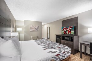 Quarto de hotel com cama, escrivaninha, televisão e espelho.