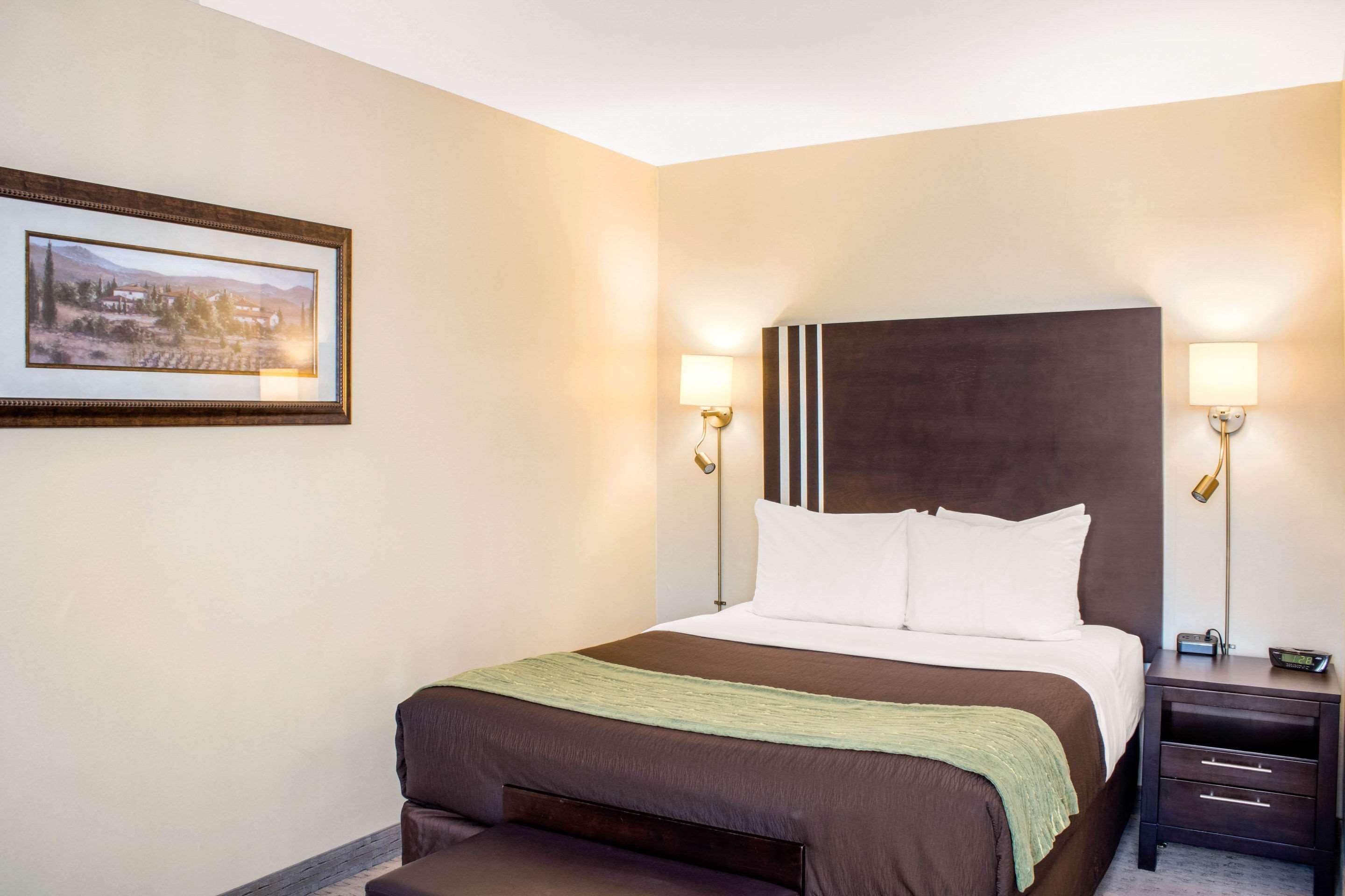 Quarto de hotel com uma cama grande, duas mesas de cabeceira, um quadro na parede e uma mesa de apoio com abajur.
