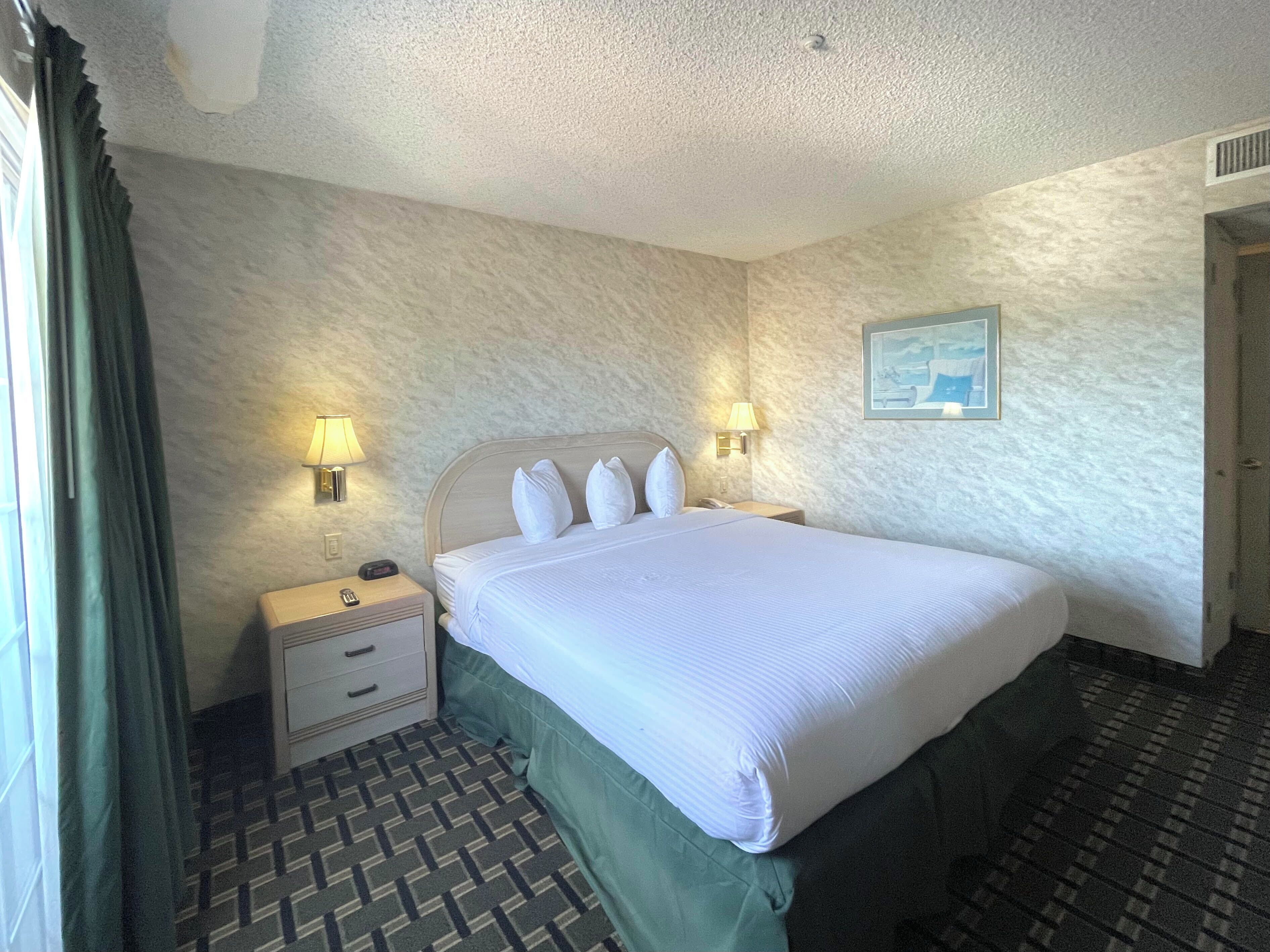 Quarto de hotel com uma cama, duas mesas de cabeceira com luminárias, um quadro na parede e um tapete estampado.