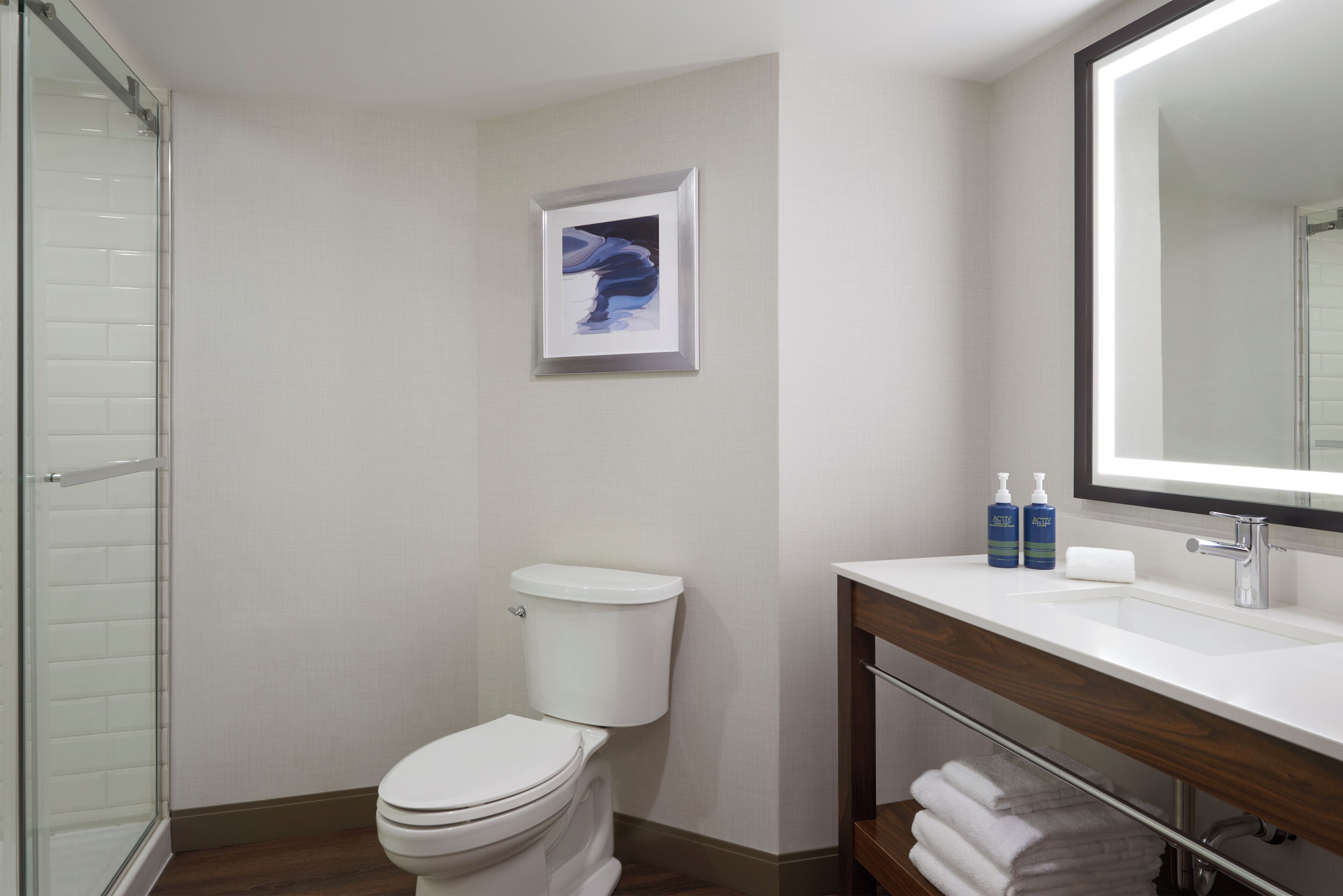Um banheiro moderno com vaso sanitário, uma obra de arte emoldurada na parede e pia com amenities.
