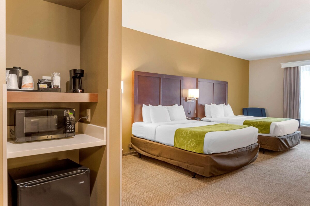Quarto de hotel com duas camas, micro-ondas, frigorífico, prateleira com artigos de higiene e janela com cortinas.