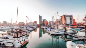 Uma marina com vários barcos atracados, rodeada por edifícios modernos e um céu claro.