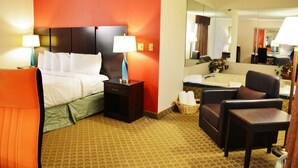 Quarto de hotel com cama, mesa de cabeceira, cadeira, escrivaninha, espelho e banheiro visível no reflexo.