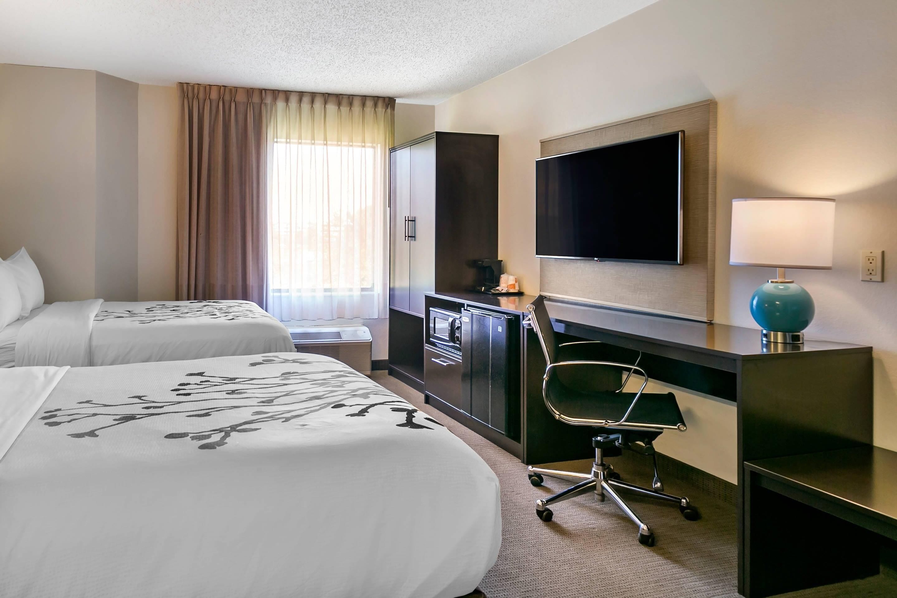 Quarto de hotel com duas camas, uma escrivaninha, uma cadeira, uma televisão e um abajur.