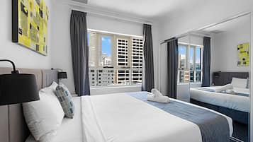 Apartamento Deluxe, 1 quarto | Roupa de alta qualidade, cortinas/cortinados opacos