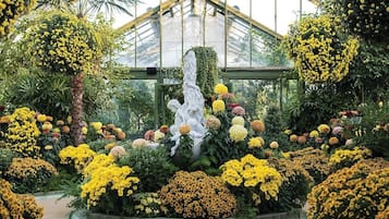 Uma estufa com uma escultura central e diversas plantas floridas ao redor.