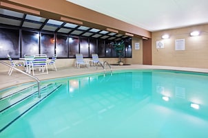 Piscina interna com água cristalina, rodeada por espreguiçadeiras e um vaso de planta.