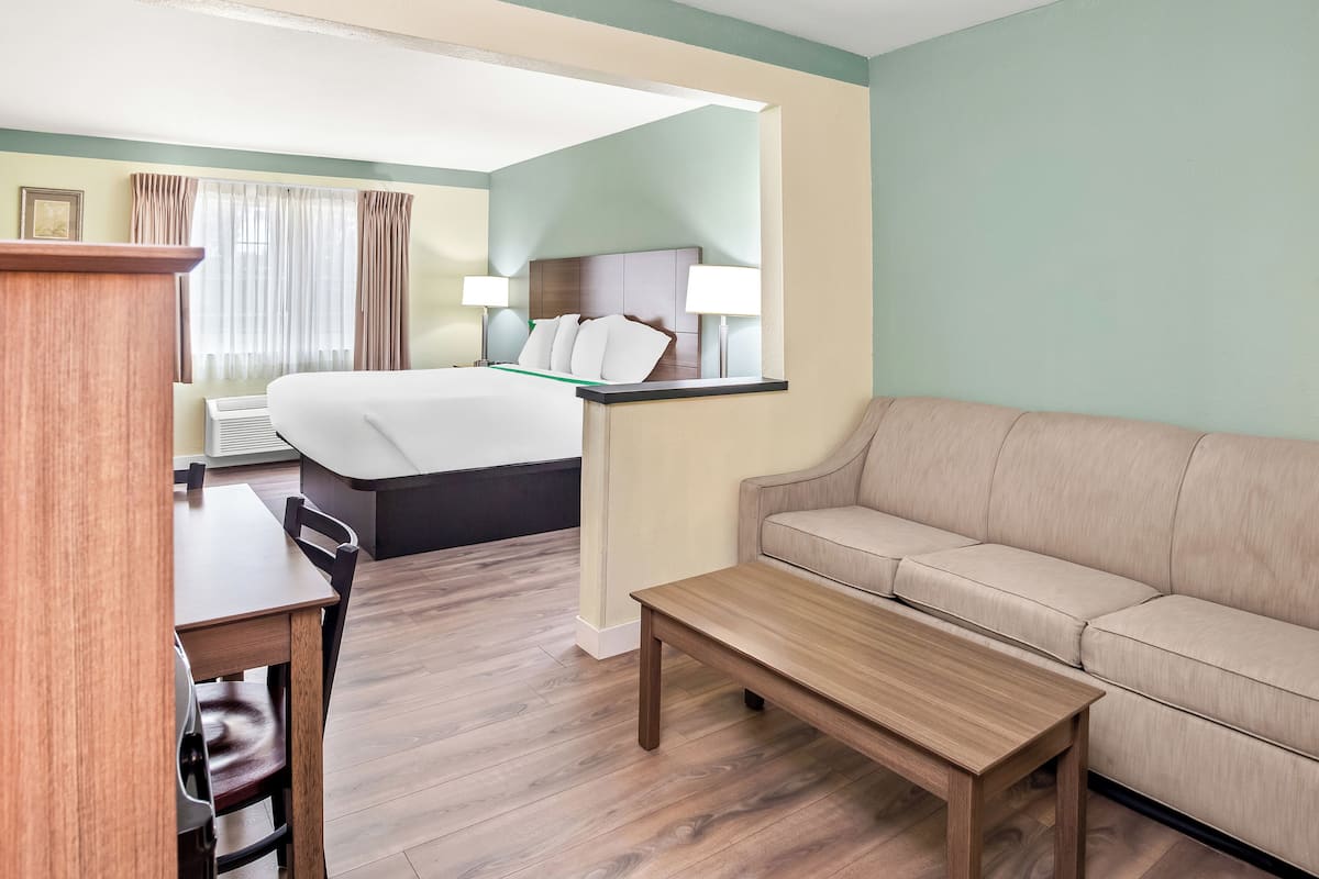 Quarto de hotel com uma cama, um sofá, uma mesa de madeira e uma escrivaninha com uma cadeira.