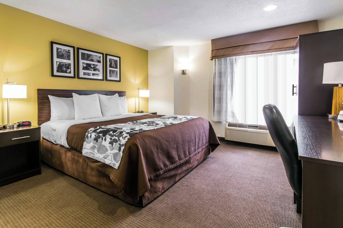 Quarto de hotel com cama, mesas de cabeceira, escrivaninha, uma cadeira e janela com cortinas.
