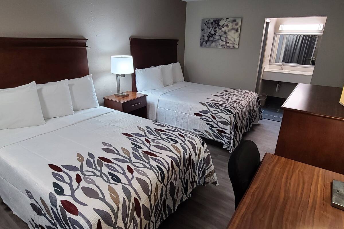 Quarto de hotel com duas camas, uma escrivaninha, uma cadeira, mesa de cabeceira com abajur, janela com persianas e televisão na parede.