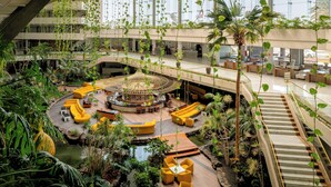 Um átrio amplo com área de estar central, vários níveis e plantas pendentes.