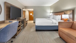 Quarto de hotel com cama, escrivaninha, poltrona, televisão e sofá.