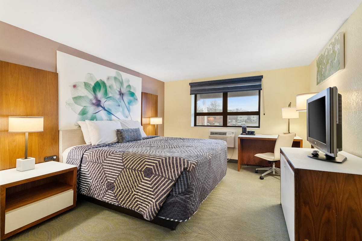 Quarto de hotel com cama, escrivaninha, televisão e obras de arte na parede.