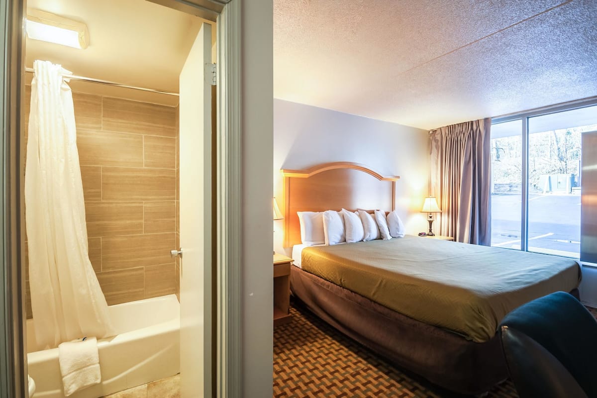 Quarto de hotel com chuveiro, cama com encosto, mesa de cabeceira com luminária e vista para o exterior pela janela.