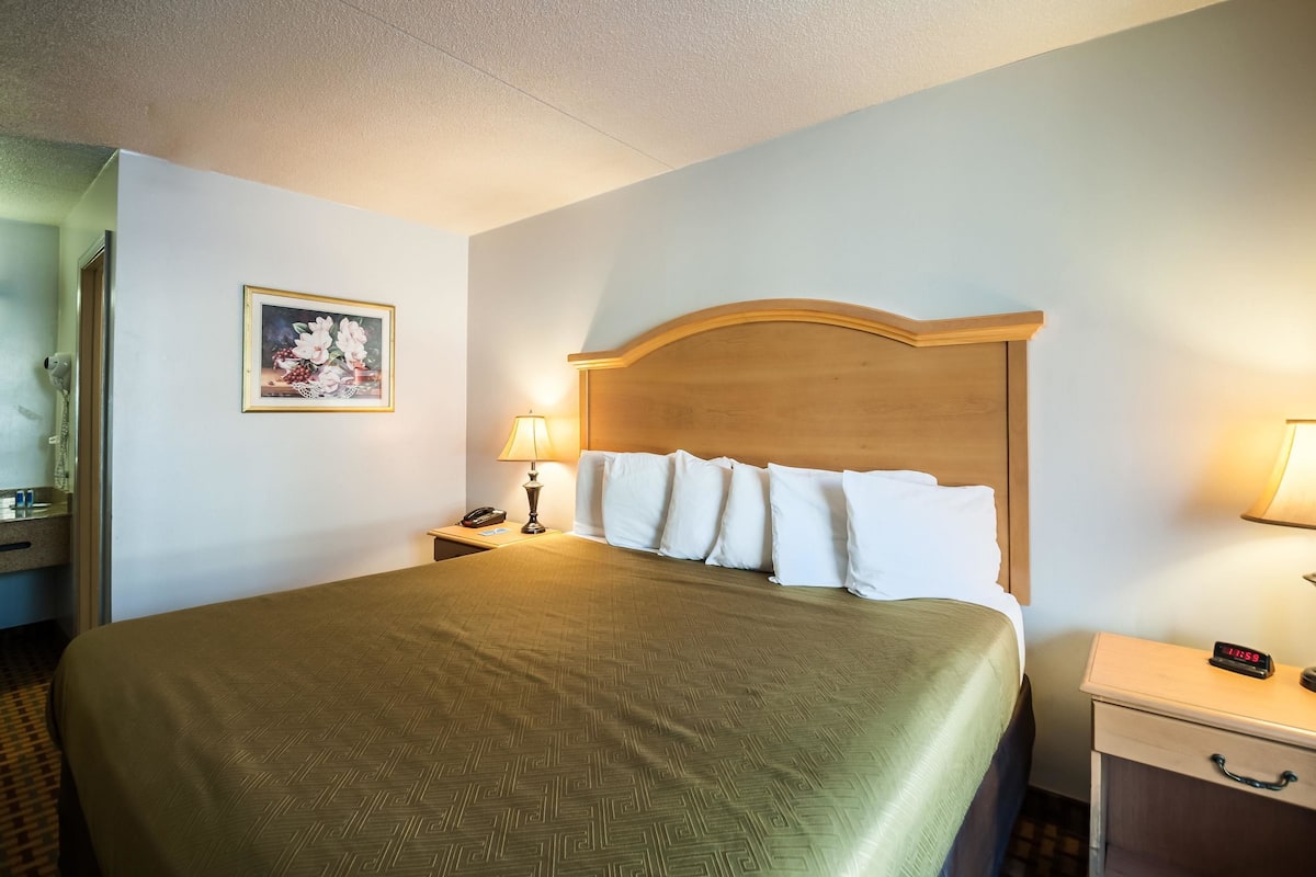Quarto de hotel com uma cama grande, uma mesa de cabeceira com abajur, uma mesinha de cabeceira com relógio e um quadro na parede.