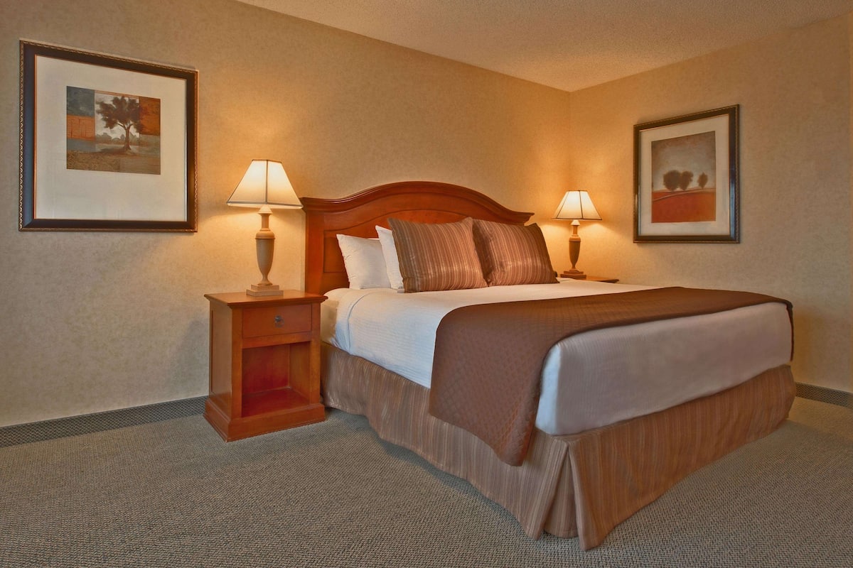 Quarto de hotel com uma cama grande, duas mesas de cabeceira com abajures, um criado-mudo e duas imagens emolduradas nas paredes.