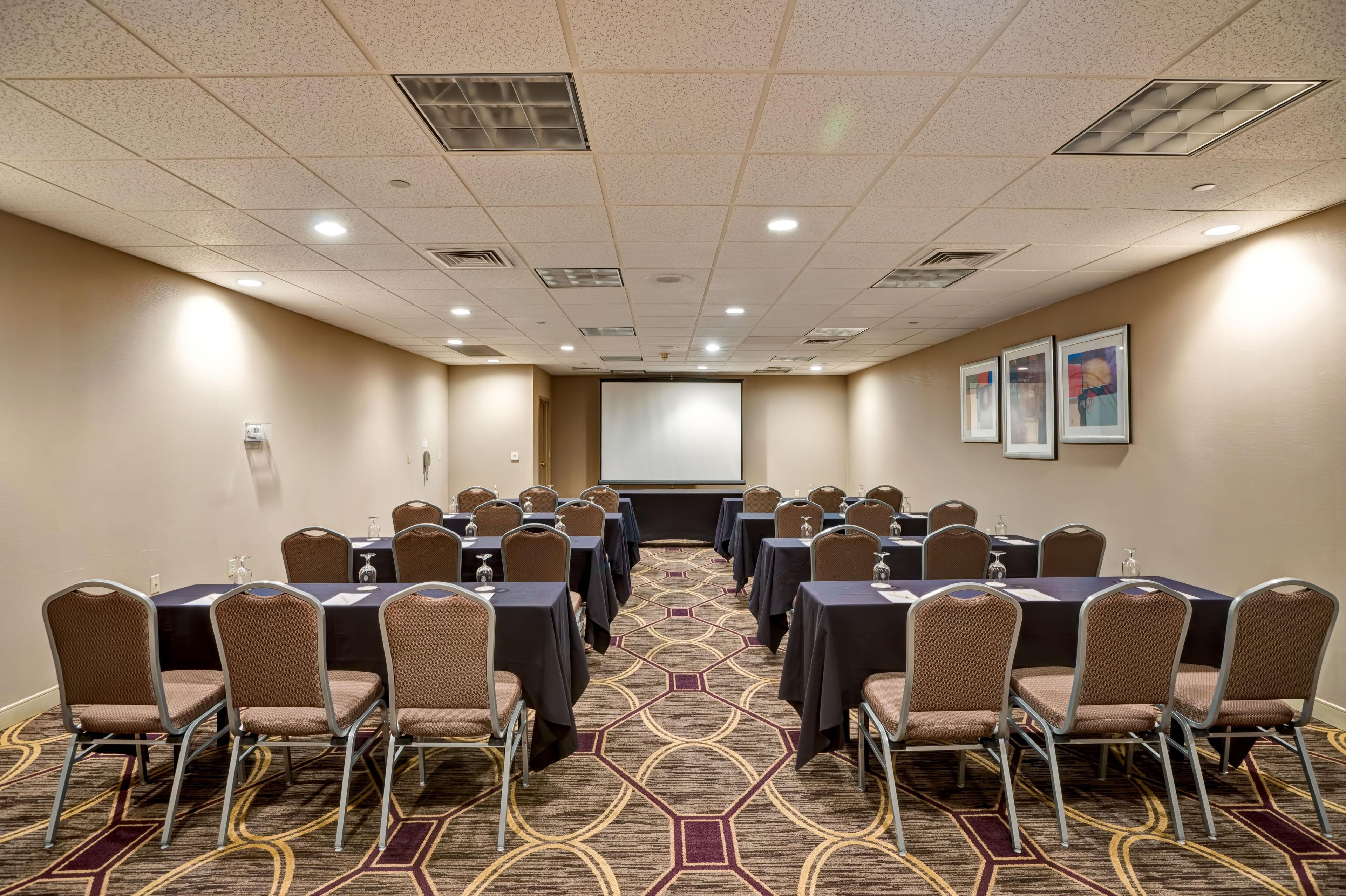 Sala de conferências com mesas, cadeiras, tela de projeção e piso coberto de carpete.