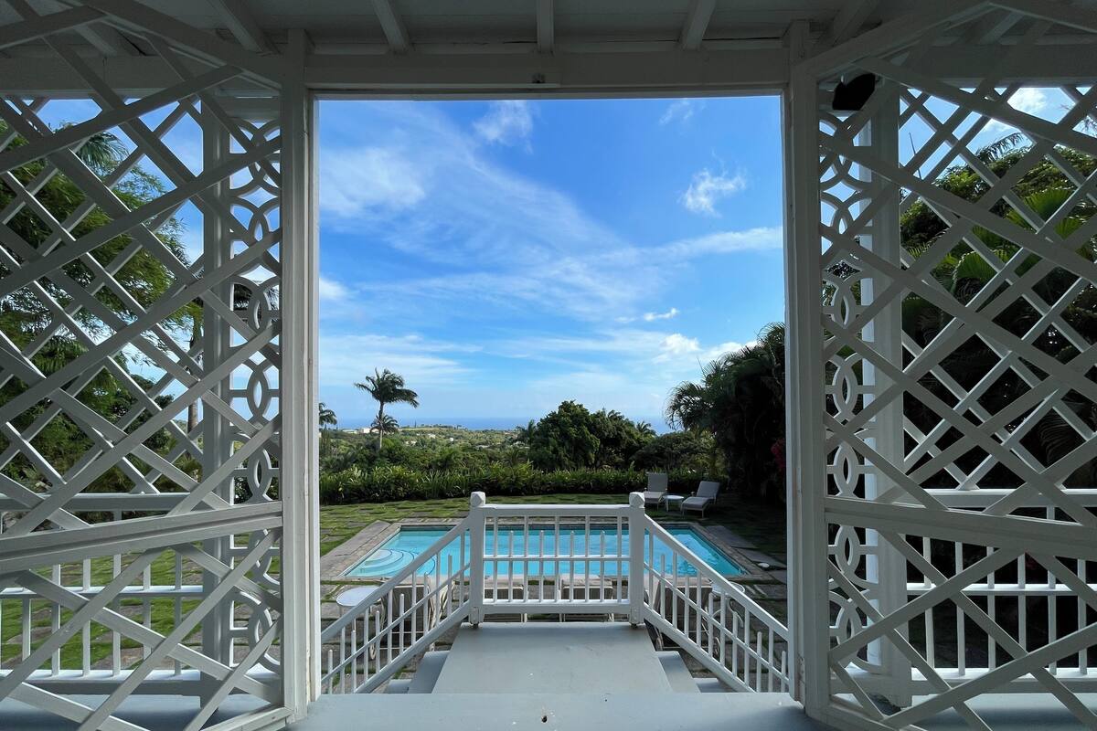 Vista através de uma estrutura de treliça branca para uma piscina, com céu azul límpido e palmeiras ao fundo.