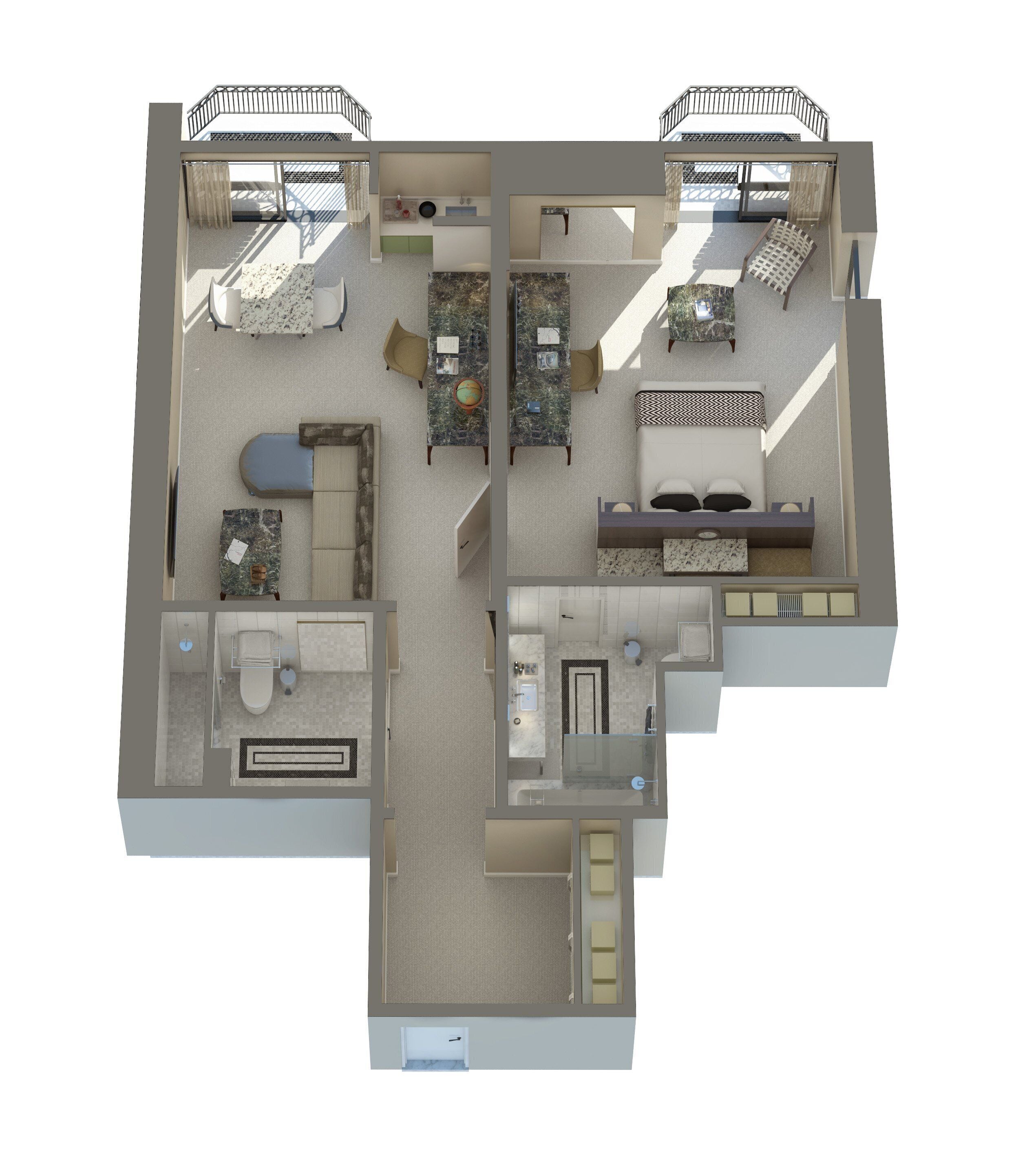 Planta de apartamento de dois quartos, incluindo sala de estar, área de refeições, cozinha e dois quartos.