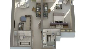 Planta de apartamento de dois quartos, incluindo sala de estar, área de refeições, cozinha e dois quartos.
