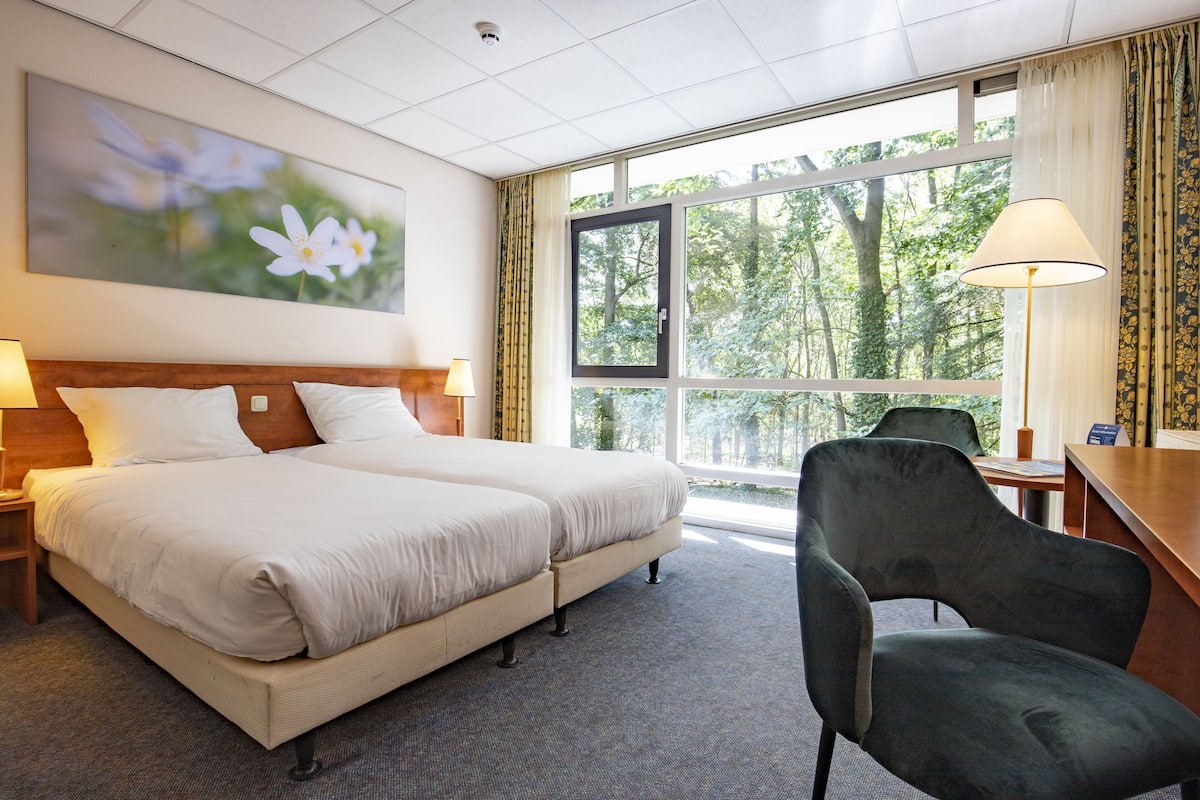 Quarto de hotel com uma cama grande, uma escrivaninha, uma cadeira e uma janela com vista para árvores.