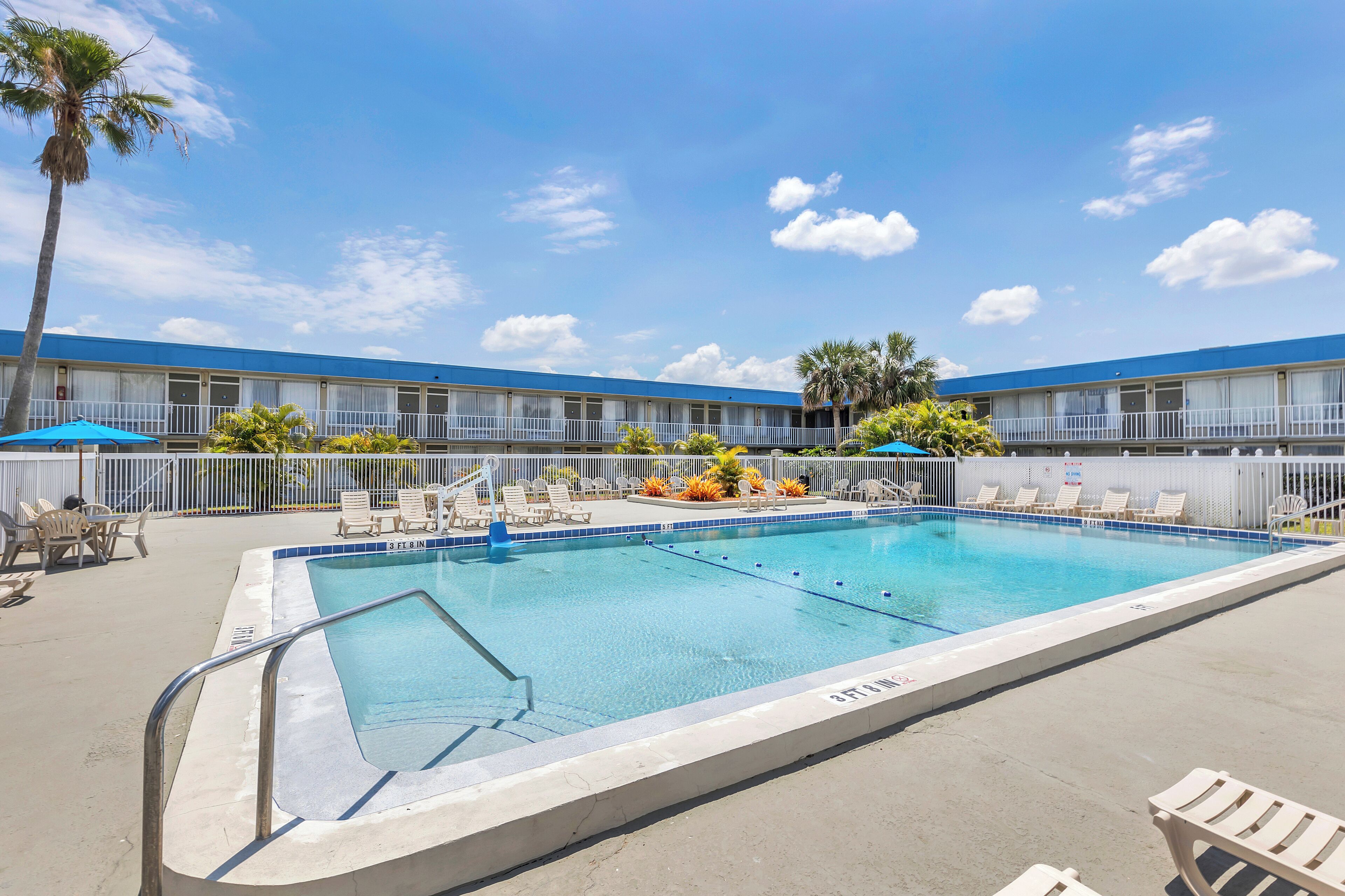 Piscina com espreguiçadeiras, uma palmeira e um prédio de motel ao fundo.
