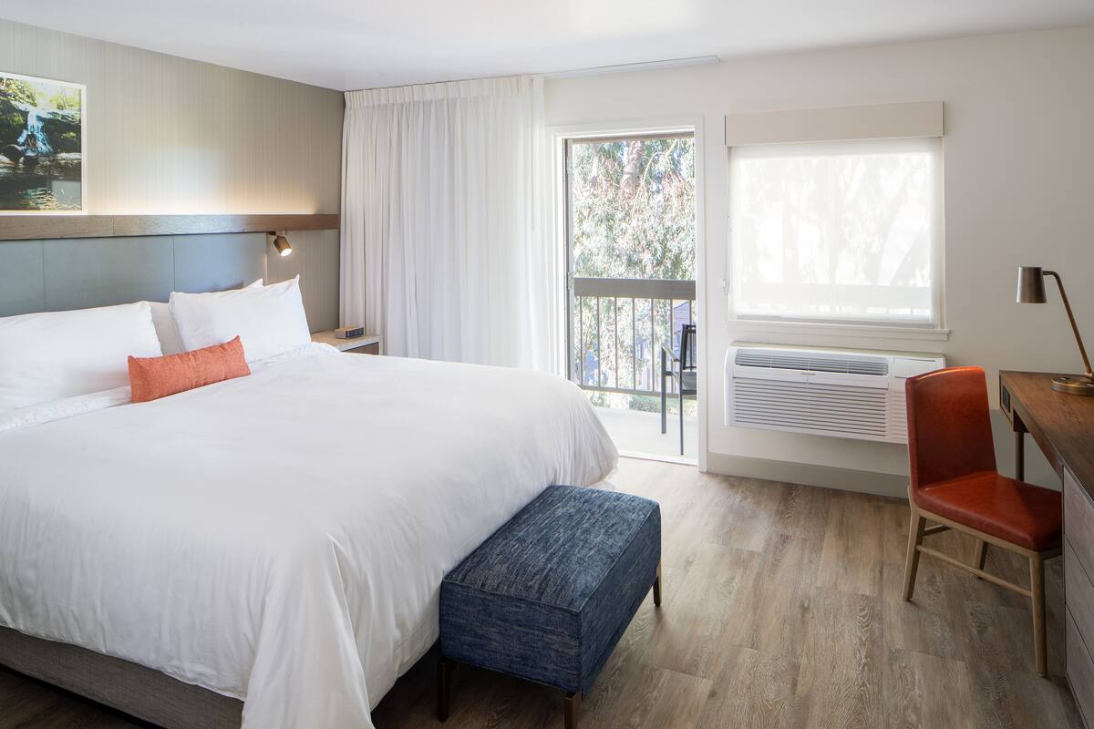 Quarto de hotel com uma cama grande, uma mesa, uma cadeira e uma janela com vista para árvores.
