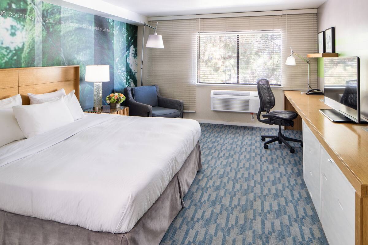 Quarto de hotel com uma cama grande, uma escrivaninha com computador, uma cadeira, um abajur e uma janela ampla com persianas.
