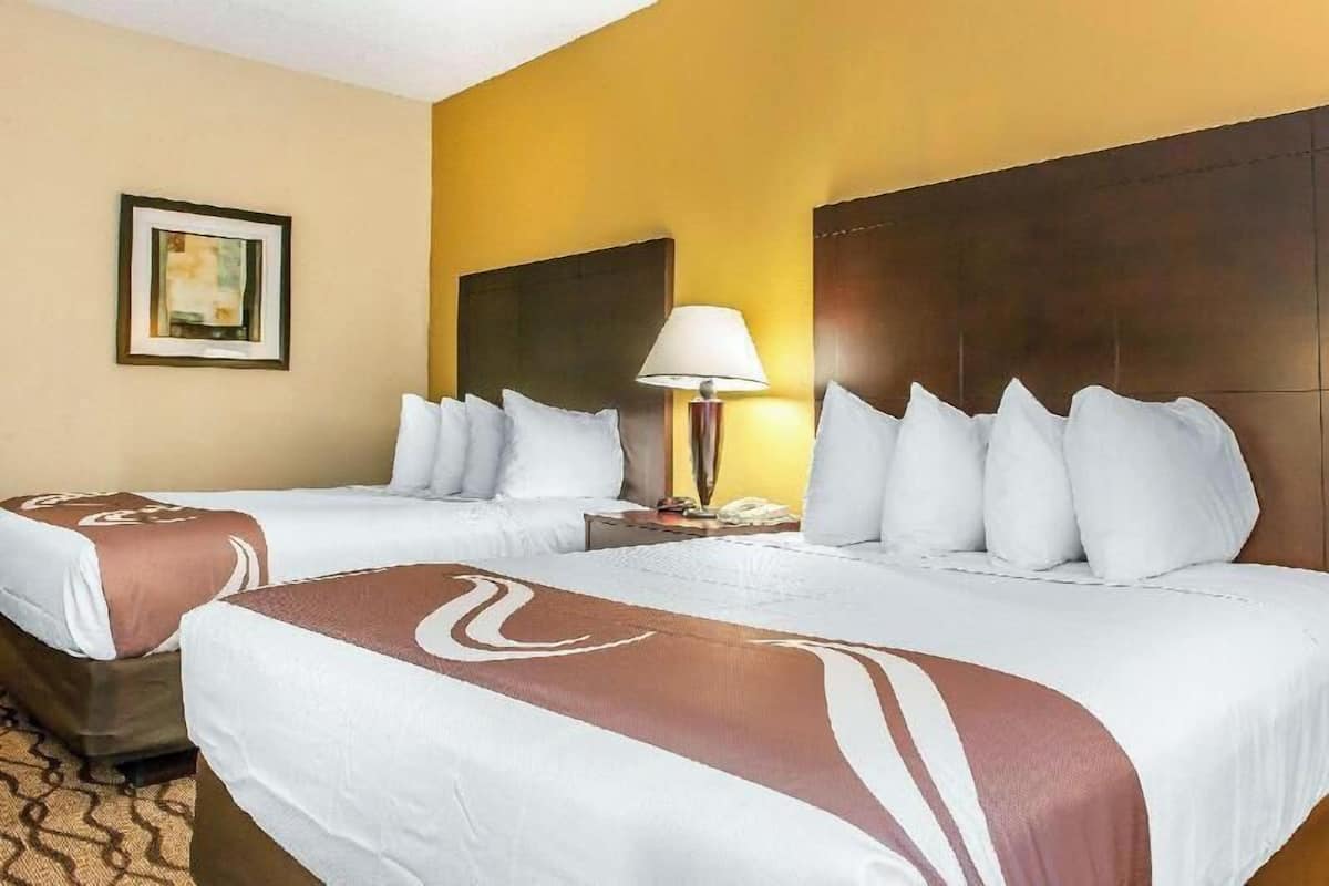 Quarto de hotel com duas camas, uma mesa de cabeceira com abajur, um quadro na parede e um tapete estampado.