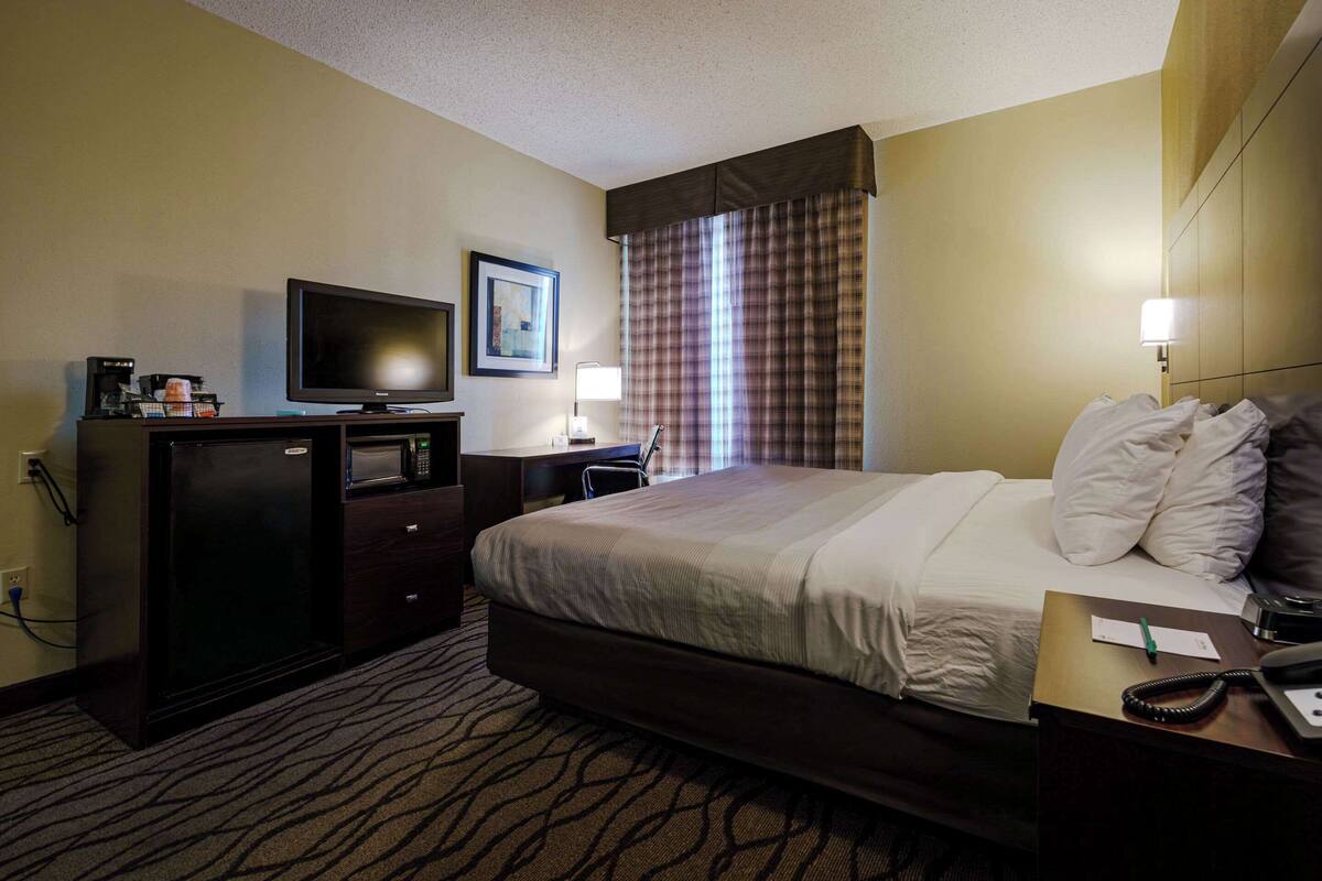 Quarto de hotel com cama, televisão, escrivaninha com luminária, micro-ondas e geladeira.