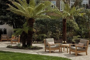 Uma área de jardim com espaço ao ar livre, incluindo cadeiras e uma mesa, rodeada por samambaias grandes e uma palmeira.