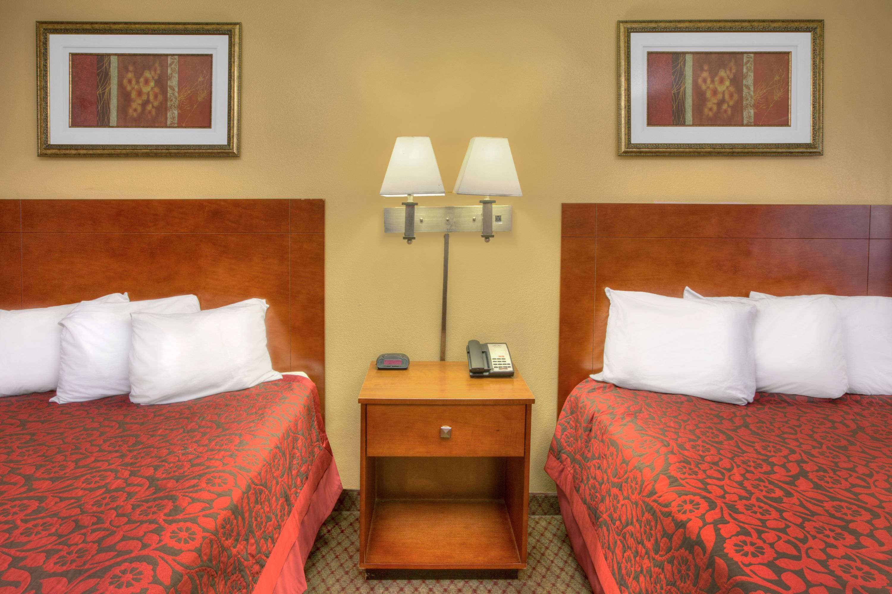 Quarto de hotel com duas camas, uma mesa de cabeceira com abajur, telefone e quadros nas paredes.