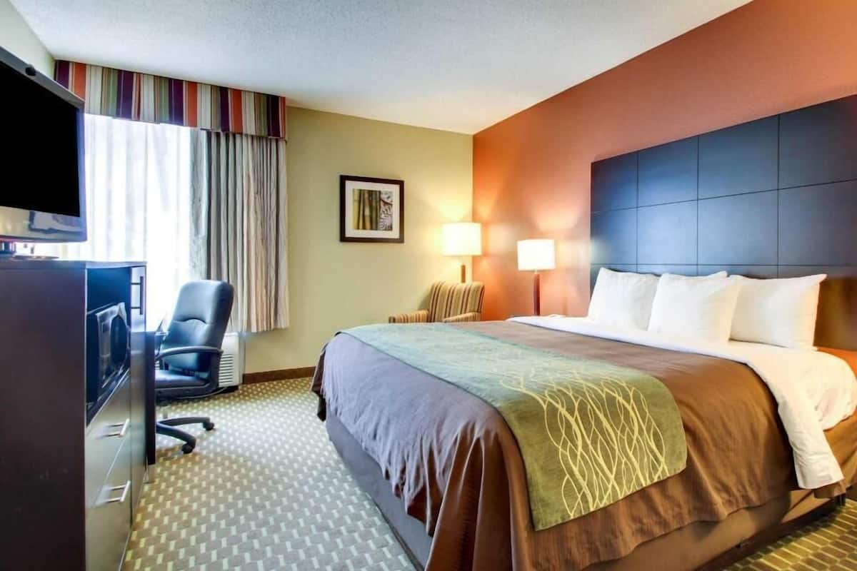 Quarto de hotel com cama, escrivaninha, cadeira, televisão e um quadro na parede.