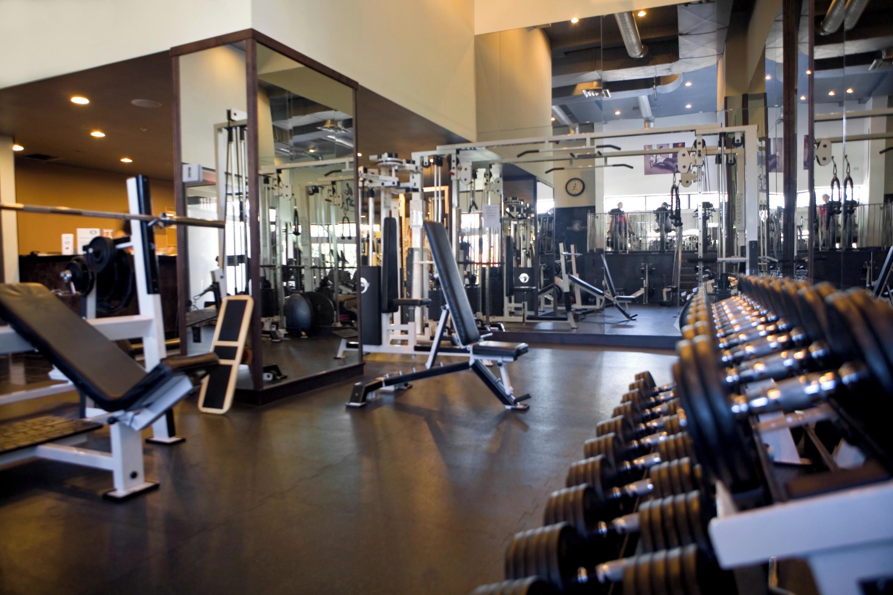 Academia com diversos equipamentos de exercícios, espelhos e um banco.