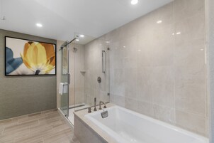 Quarto Executivo | Casa de banho | Um polibã, artigos de higiene pessoal grátis, um secador de cabelo