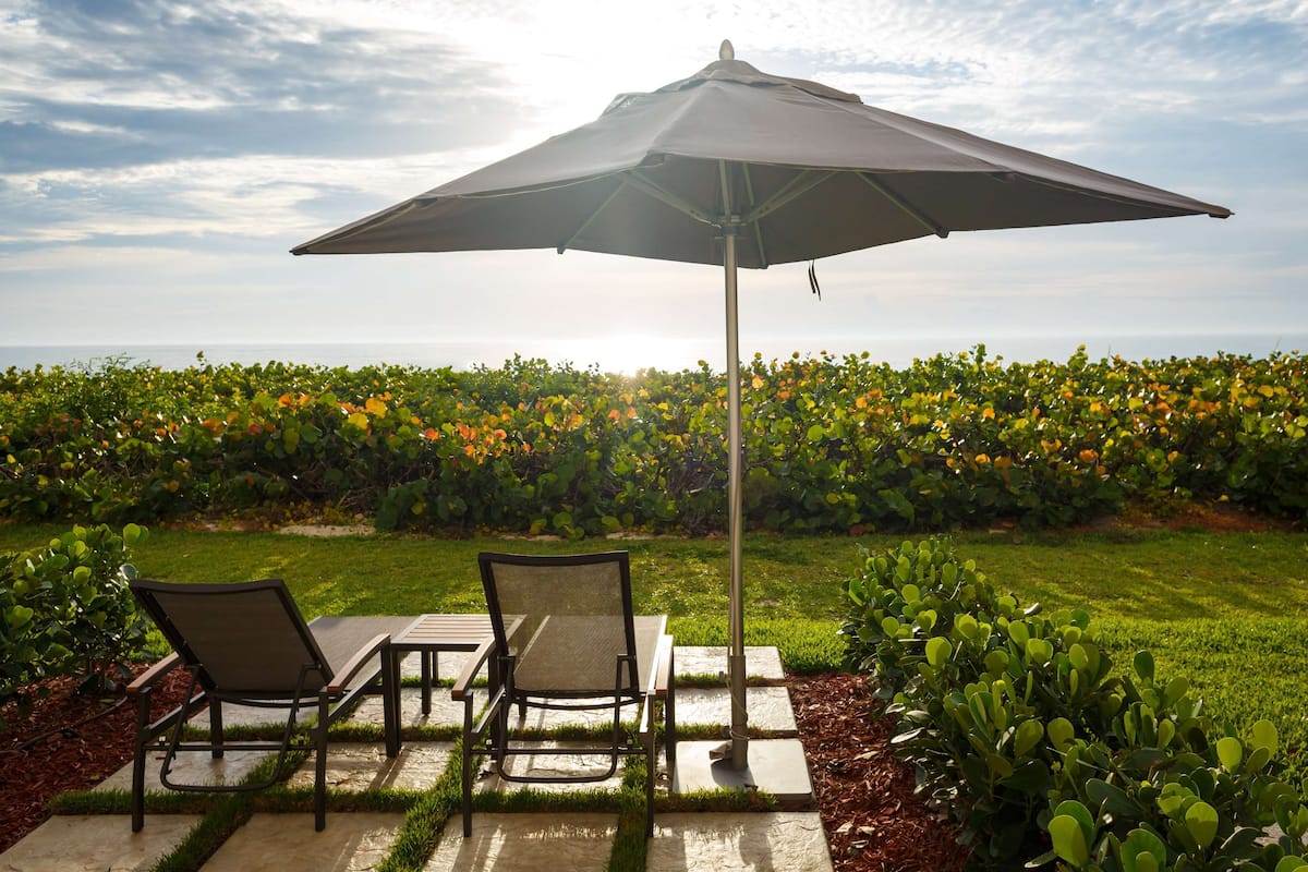 Um pátio externo com duas cadeiras e uma mesa sob um grande guarda-sol, com vista para um jardim com diversas plantas e flores.