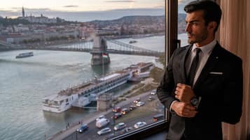 Um homem de terno parado junto a uma janela com vista para um rio, uma ponte e um barco.