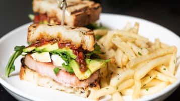 Um prato com sanduíche grelhado e batatas fritas.