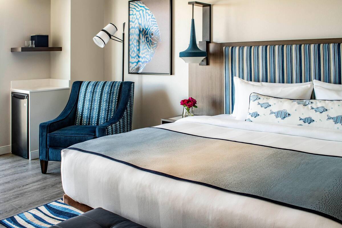 Quarto de hotel moderno com uma cama grande, uma poltrona azul, uma mesa de cabeceira com um vaso de flores e um abajur fixado na parede.