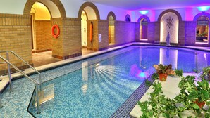 Piscina interior com revestimento em azulejo, boia salva-vidas e plantas em vasos.