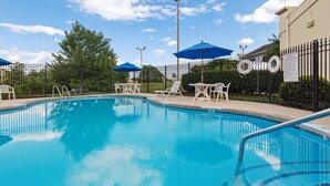 Piscina com espreguiçadeiras e guarda-sóis, cercada por uma grade e vegetação.