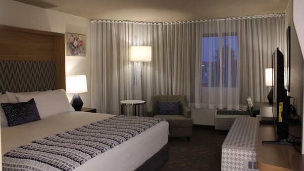 Quarto de hotel com cama, escrivaninha, cadeira, televisão e janela com cortinas.