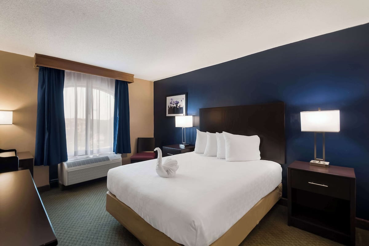 Quarto de hotel com uma cama grande, duas mesas de cabeceira com luminárias, um quadro na parede e uma janela com cortinas.