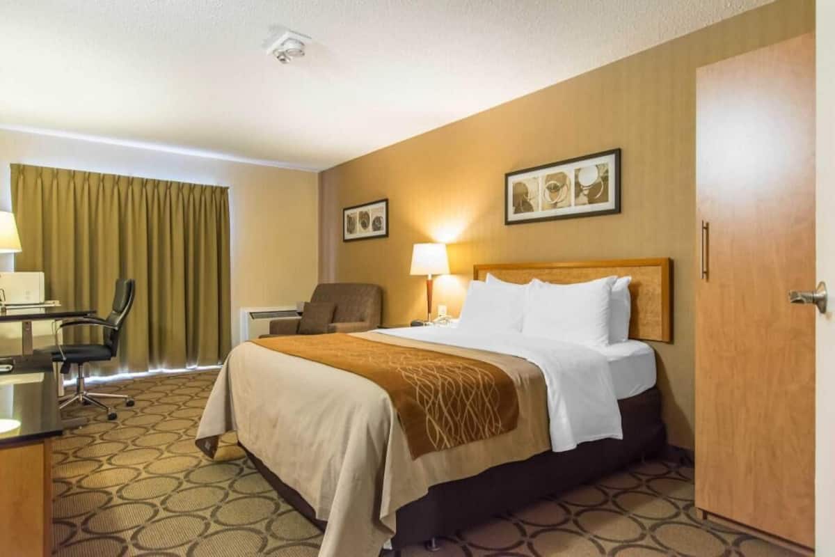 Quarto de hotel com cama, escrivaninha, cadeira, luminária e cortinas.
