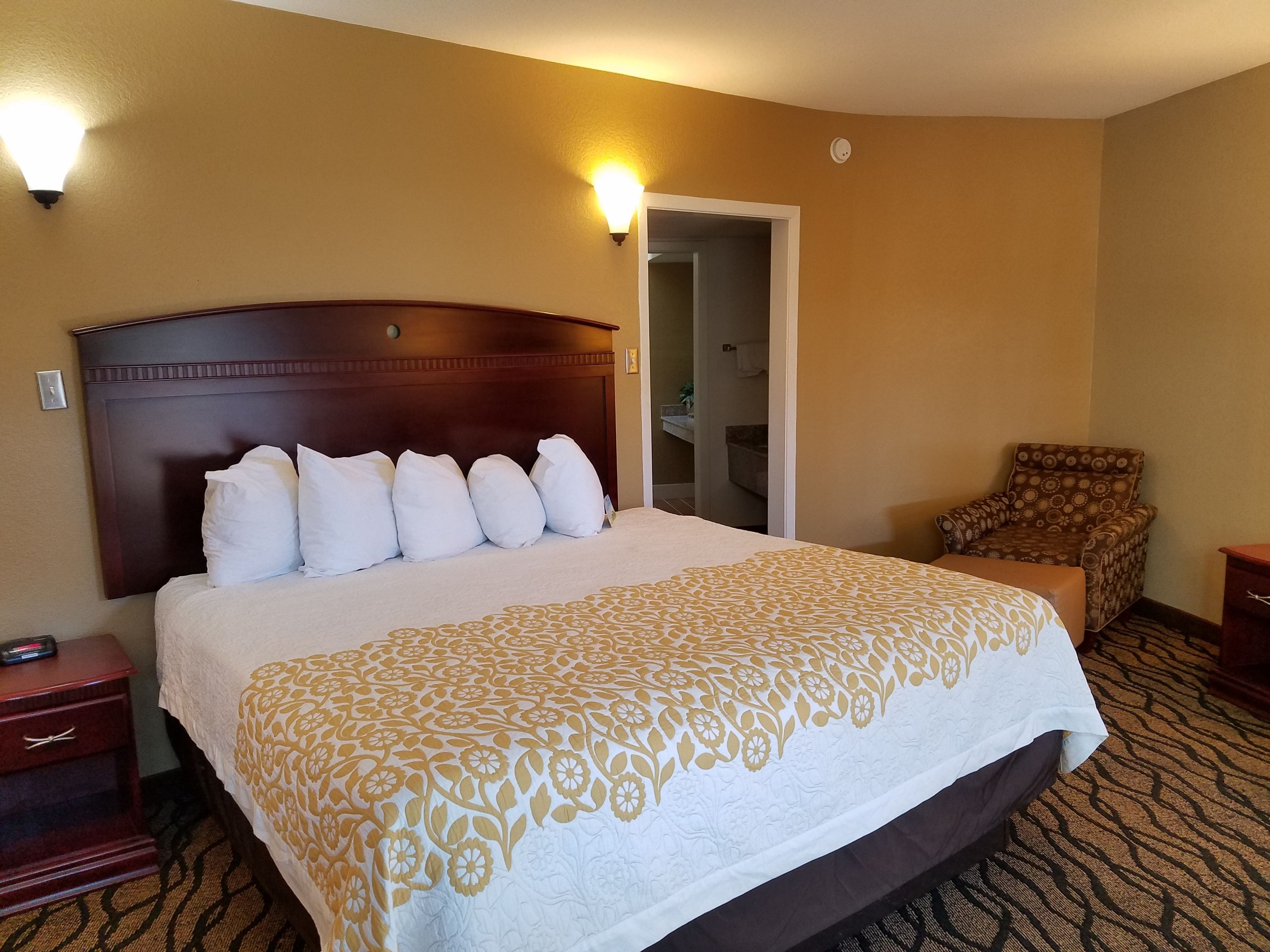 Quarto de hotel com uma cama grande, cabeceira de madeira, duas luminárias de parede, tapete estampado, uma poltrona pequena e uma mesa de cabeceira com telefone.