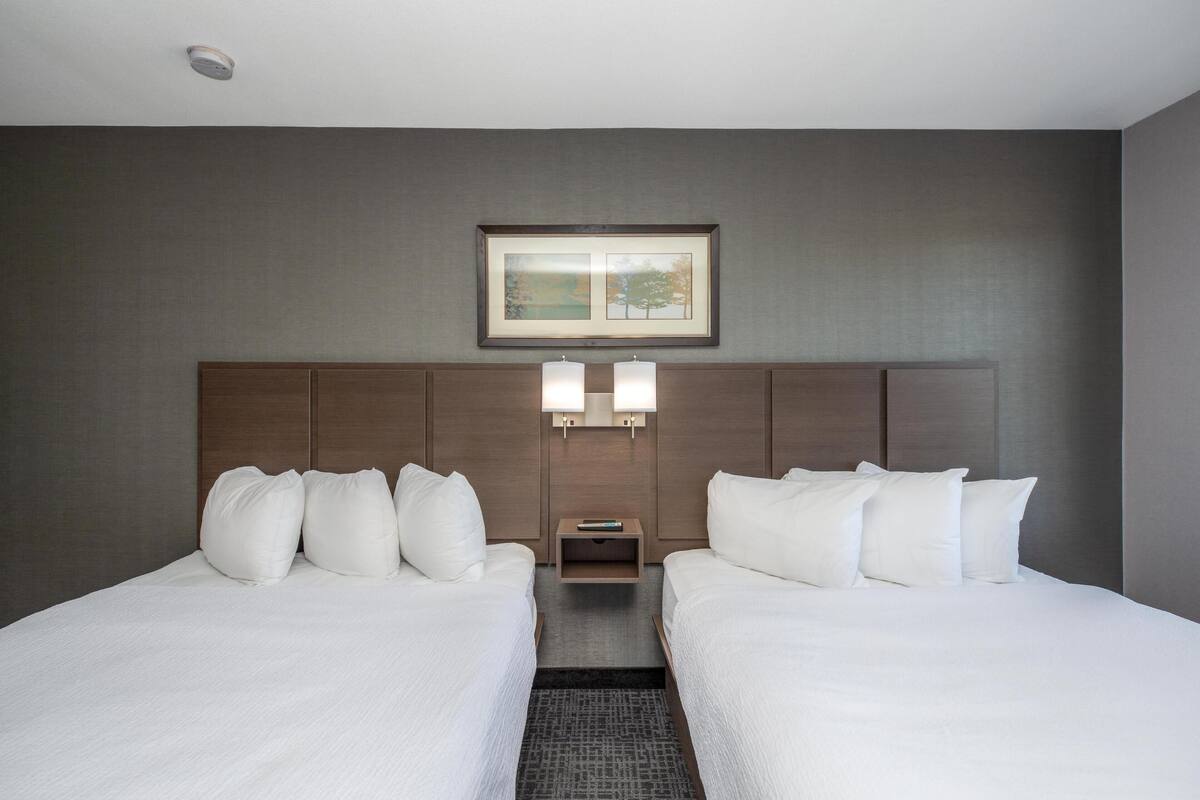 Quarto de hotel com duas camas, uma cabeceira com luzes fixadas na parede, um quadro emoldurado acima da cabeceira e uma mesinha de cabeceira pequena entre as camas.