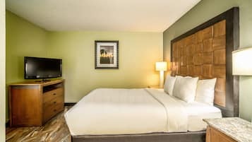 Quarto de hotel com uma cama grande, uma televisão sobre uma cômoda de madeira, um quadro na parede e uma mesa de cabeceira com abajur.
