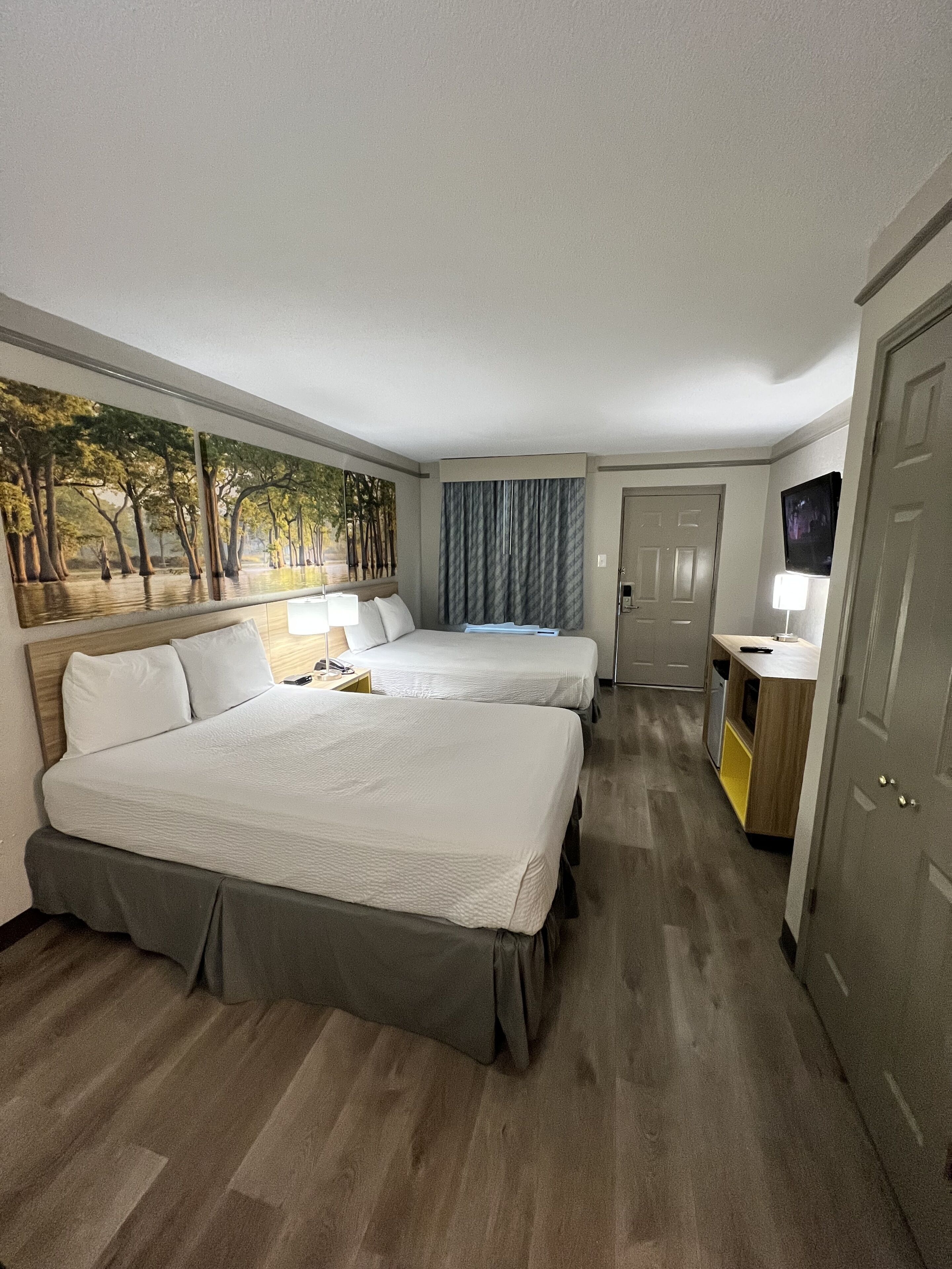 Quarto de hotel com duas camas, uma escrivaninha, uma televisão e um quadro com uma cena de floresta.
